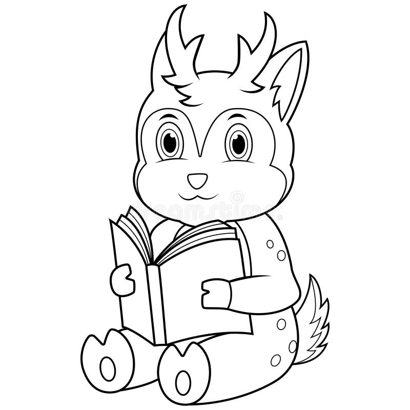 A Cartoon of a Deer Reading a Book Line Art Stock Vector - Illustration ...