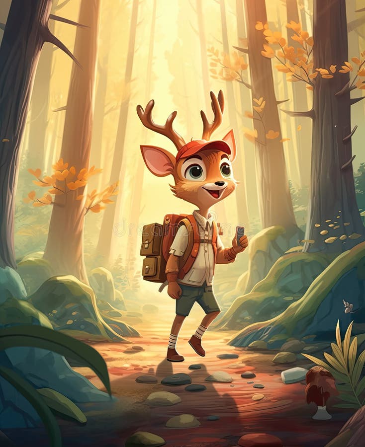 Cartoon Deer Tracker in a Natural Landscape. Stock Illustration ...