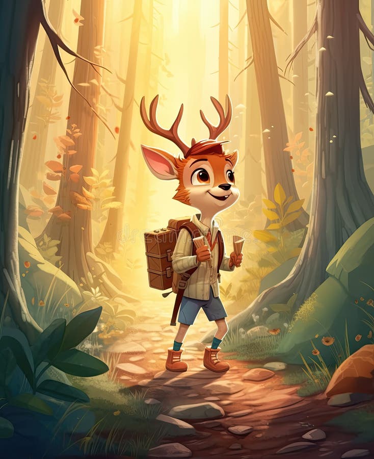 Cartoon Deer Tracker in a Natural Landscape. Stock Illustration ...