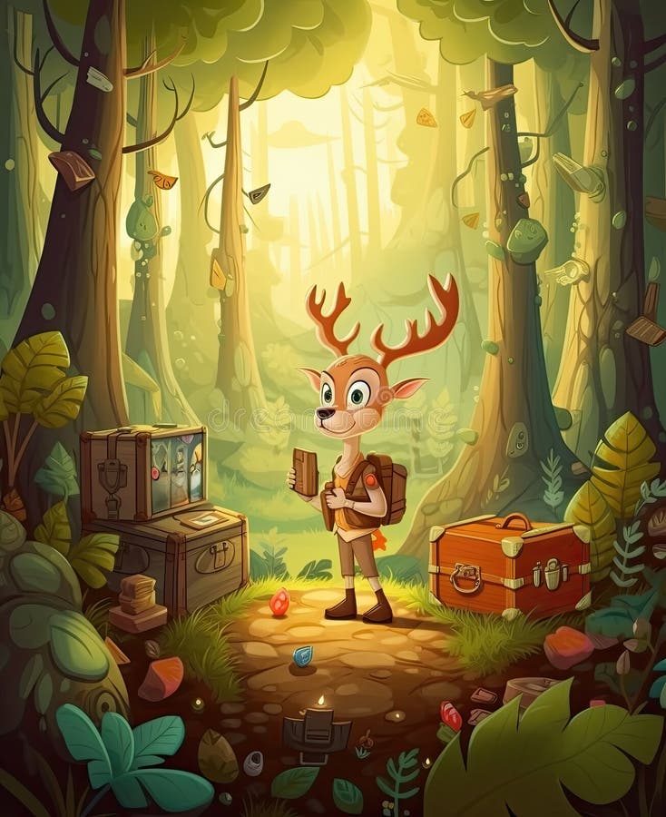 Cartoon Deer Tracker in a Natural Landscape. Stock Illustration ...