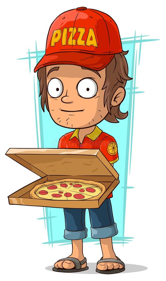 Cartoon Delivery Man with Open Pizza Box Stock Vector - Illustration of ...