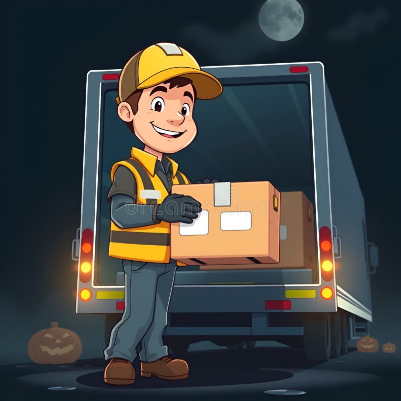 Cartoon Cargo Worker Loading Packages into an Airplane with Mountain ...