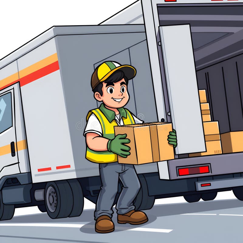Cartoon Cargo Worker Loading Packages into an Airplane with Mountain ...