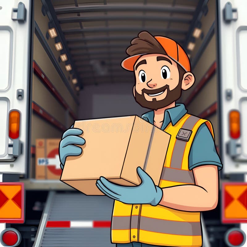 Cartoon Cargo Worker Loading Packages into an Airplane with Mountain ...