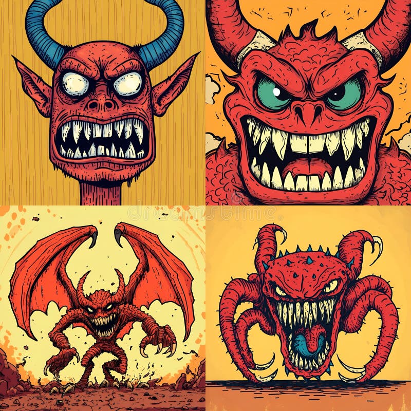 Cartoon Demon or Devil Depiction Set of Four Stock Illustration ...