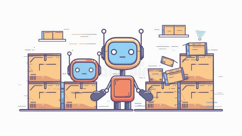 Cartoon Depicting Efficient Supply Chain Management with Robots Stock ...