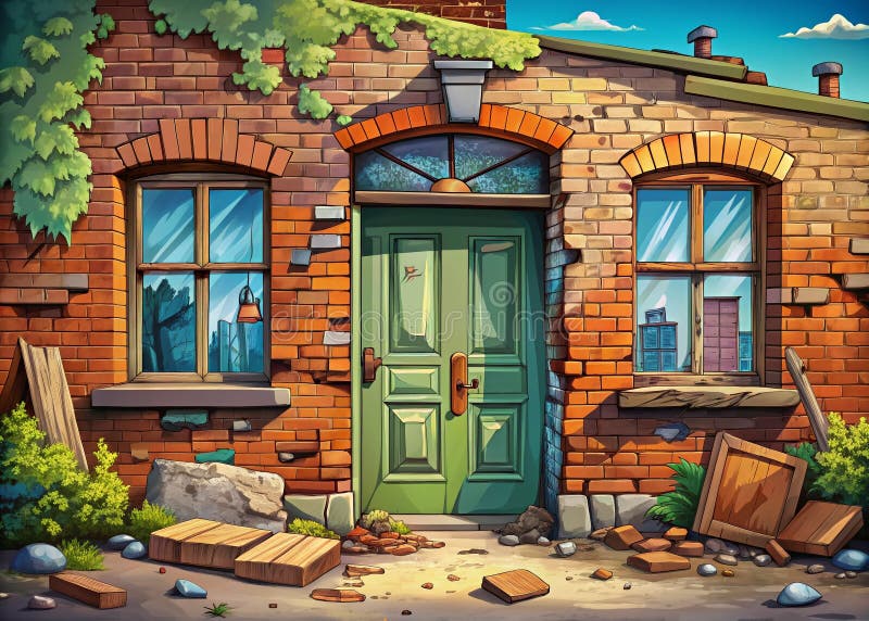 Cartoon Depiction of a Desolate Abandoned Building Crumbling Walls ...