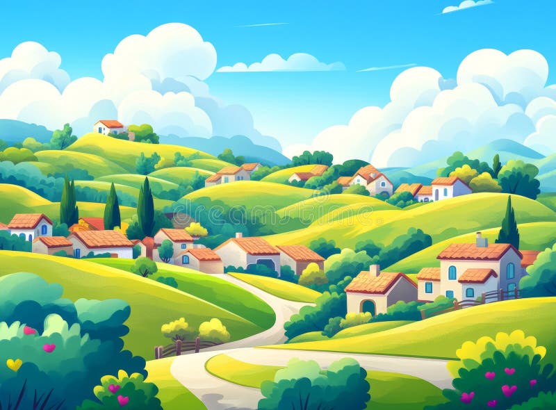A Cartoon Depiction of a Small Town with Houses and Trees Stock Photo ...
