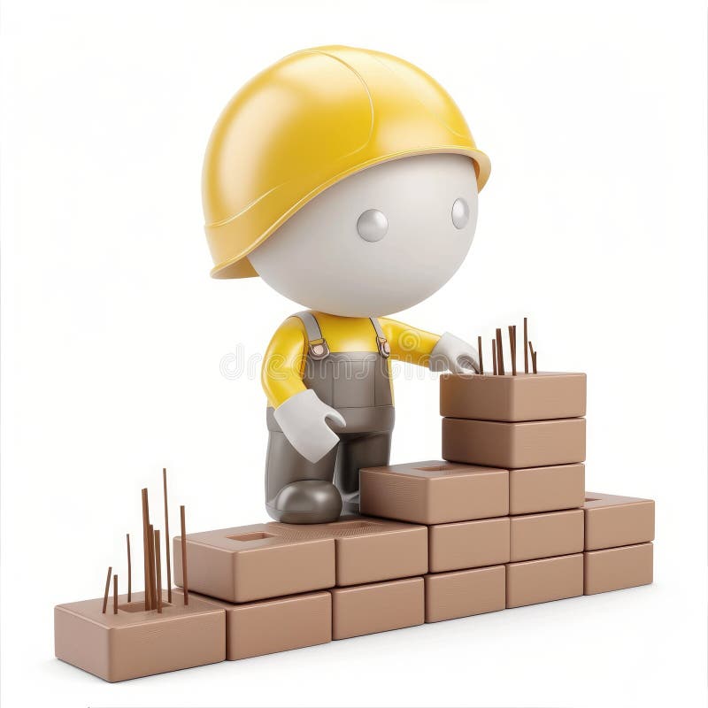 Cute Construction Worker Building a Brick Wall Stock Illustration ...