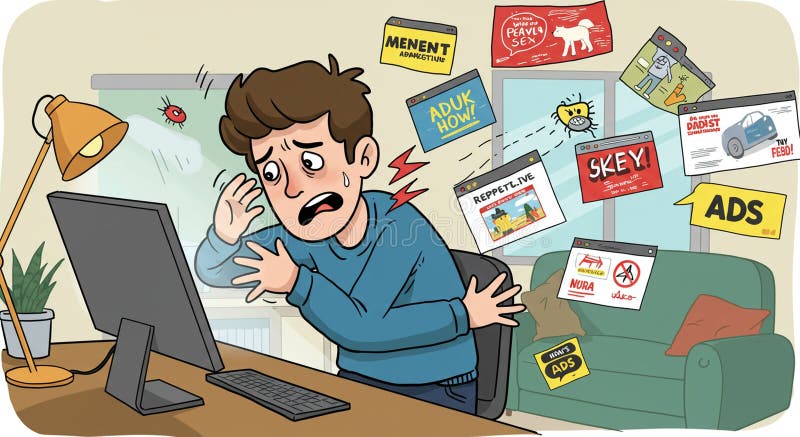 A Cartoon Depicts a Man in Front of a Computer Overwhelmed by Multiple ...