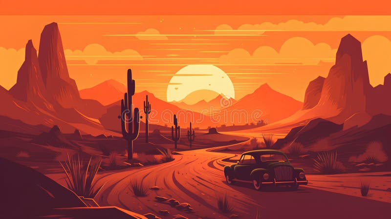 Cartoon Desert Landscape with Cactuses and Road at Sunset Vector ...