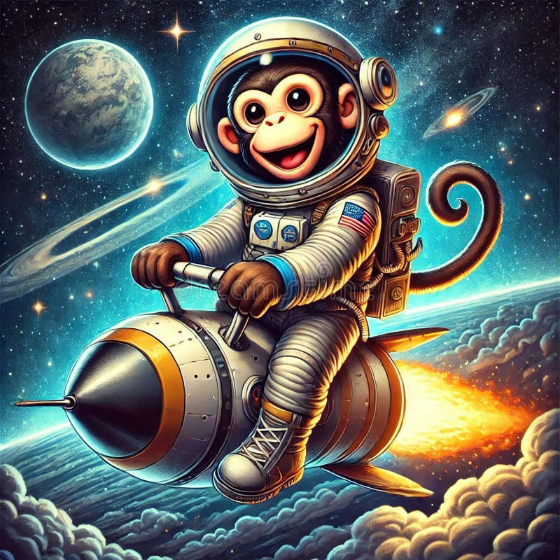 Cartoon Design of a Monkey Character Riding a Rocket Stock Illustration ...