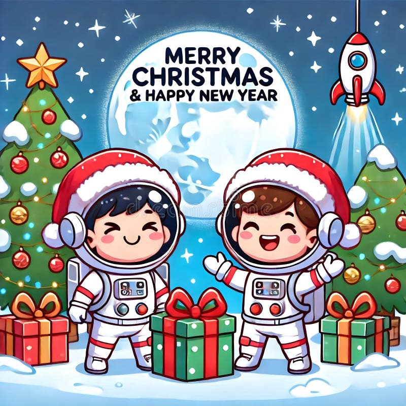 Cartoon Design of Two Astronauts Celebrating Christmas Together Stock ...