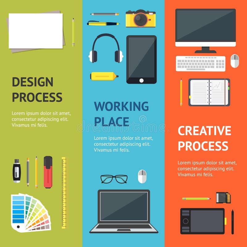 Cartoon Designer Workplace Banner Vecrtical Set . Vector Stock Vector ...