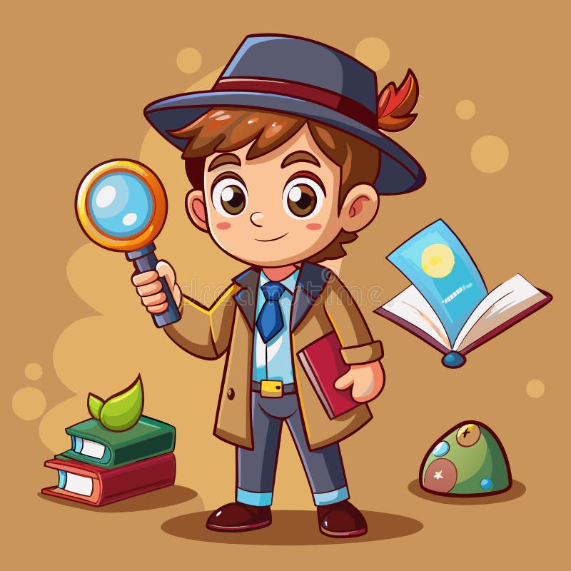 Cartoon Detective Boy with Magnifying Glass and Book Stock Vector ...