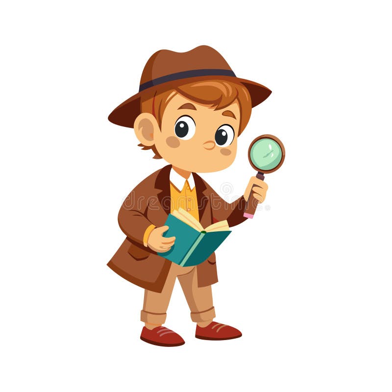Cartoon Detective Boy Reading a Book with Magnifying Glass Stock ...