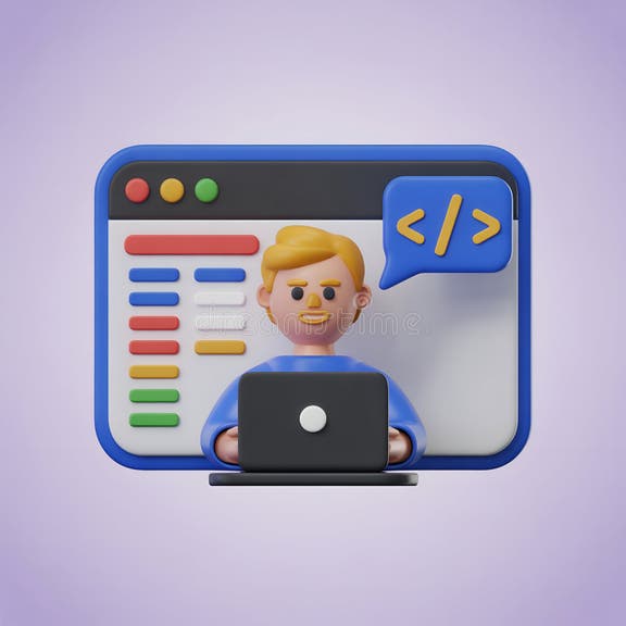 Cartoon Developer Working on Code with Laptop and Programming Software Interface Stock ...