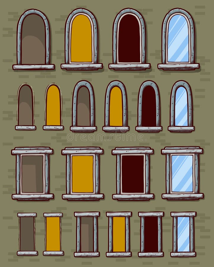Cartoon Different Windows in Frame on a Brick Wal Stock Vector ...