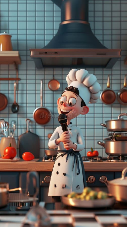 Cartoon Digital Avatars of a Chef Vlogger with Microphone in a Kitchen ...