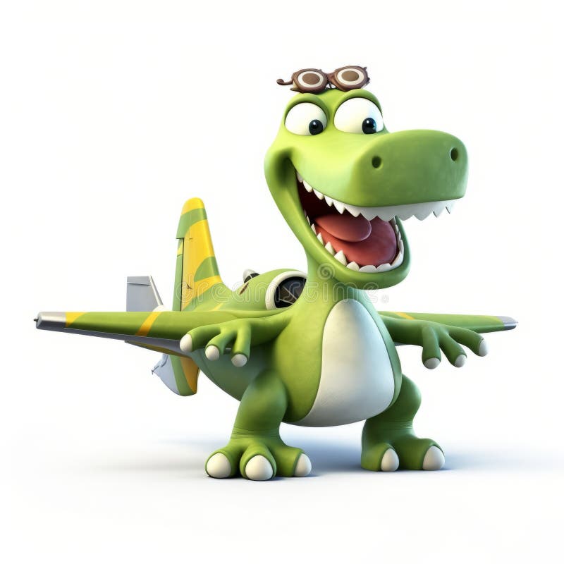 Cartoon Dinosaur with a Plane on a White Background. 3d Illustration, Wight Background Stock ...
