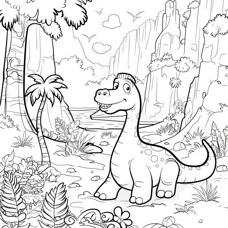 Cartoon Dinosaur in Prehistoric Landscape Coloring Page Stock Image ...