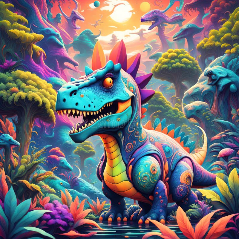 Cartoon Dinosaur in Psychedelic, Parallel World, Abstract Reality Stock ...