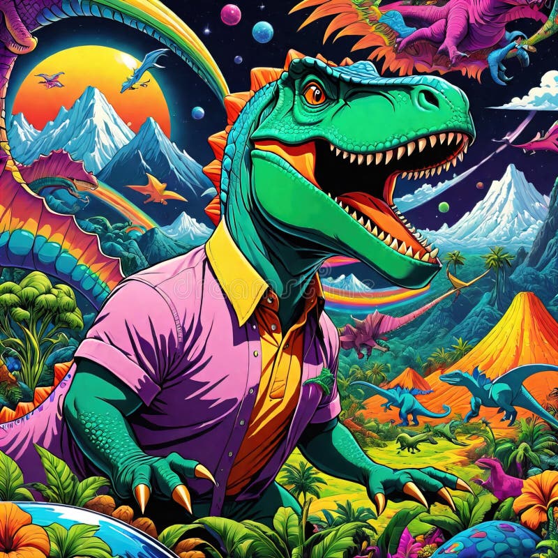 Cartoon Dinosaur in Psychedelic, Parallel World, Abstract Reality Stock ...