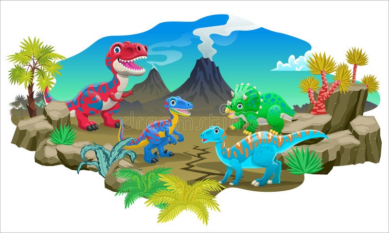 Cartoon Dinosaurs in the Prehistoric Volcano Nature Stock Vector ...