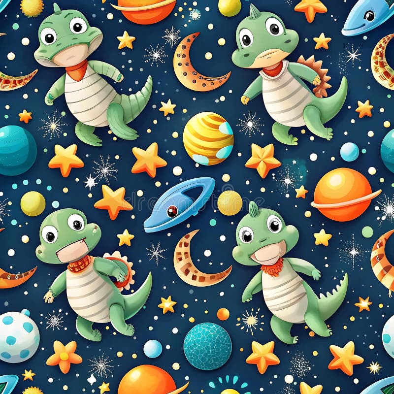 Cartoon Dinosaurs in Space with Planets and Stars Stock Illustration ...