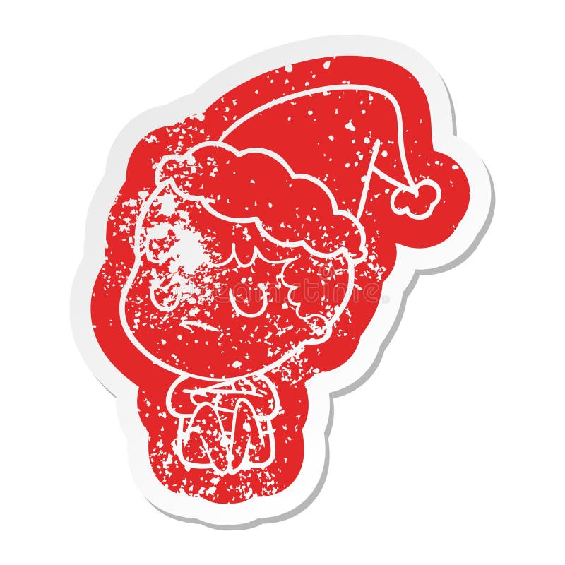 Cartoon Distressed Sticker of a Grumpy Boy Wearing Santa Hat Stock ...