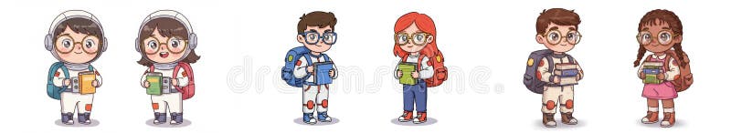 Cartoon Diverse Students Ready for Adventure Five Cartoon Students Each ...