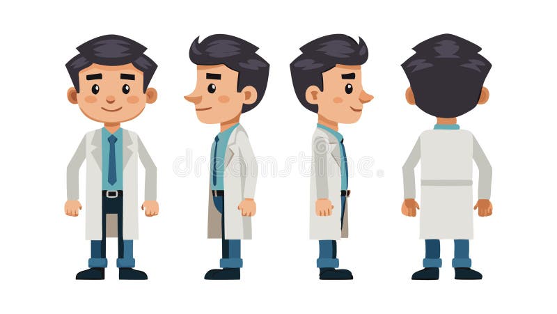 Cartoon Doctor Character in Front, Side, and Back Views Wearing a White ...
