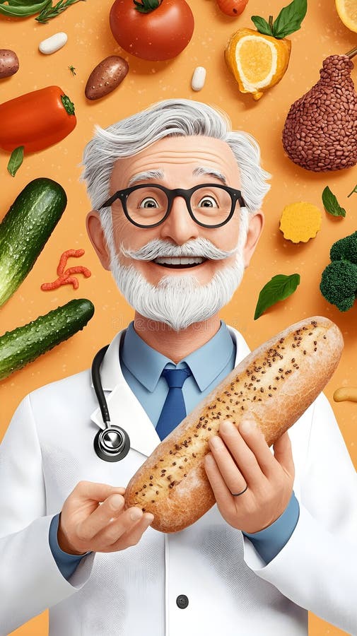 A Cartoon Doctor Holding a Sandwich in Front of a Bunch of Vegetables ...