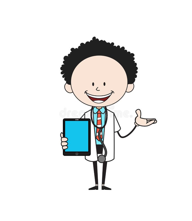 Cartoon Doctor - Presenting a Tablet with Blank Screen Stock Vector ...