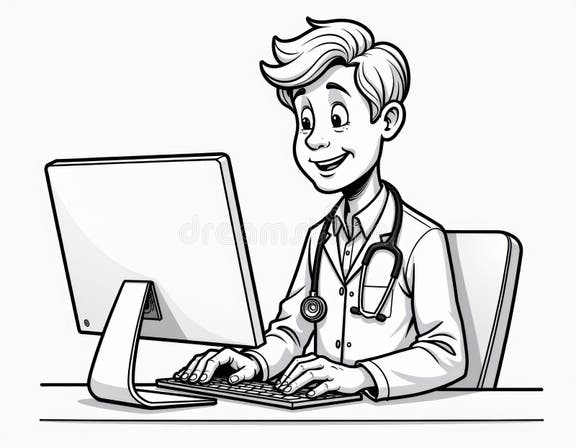 Cartoon Doctor Using Computer - Black and White Illustration Stock ...