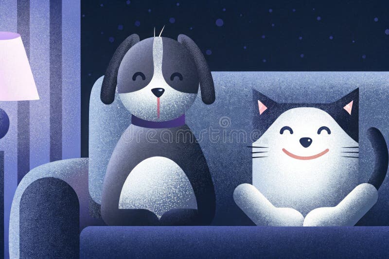 Cartoon Dog and Cat Sitting on a Couch at Night Stock Illustration ...