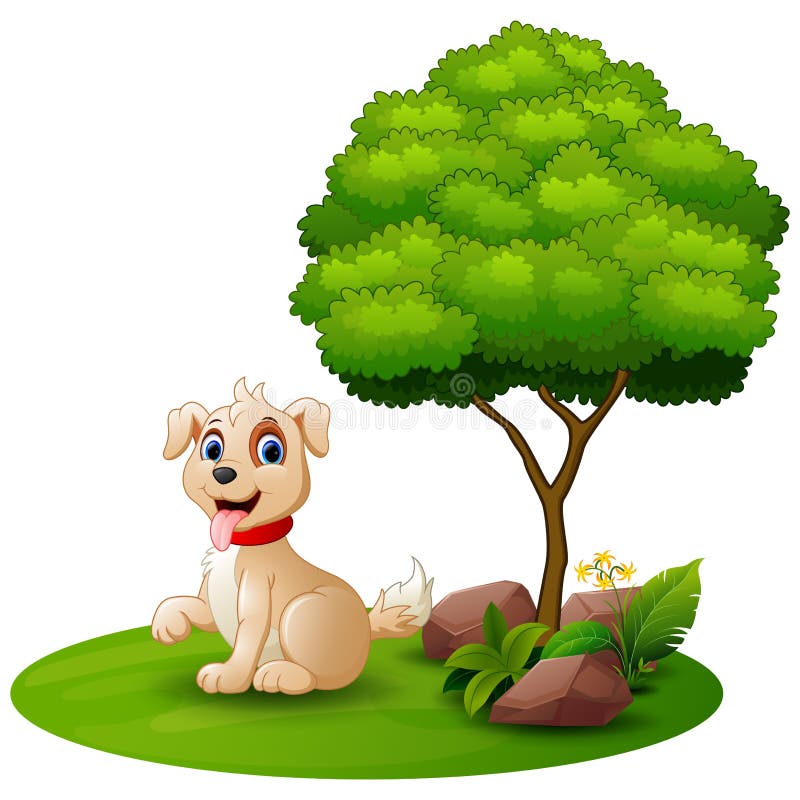 Cartoon Dog Sitting Under a Tree on a White Background Stock Vector ...