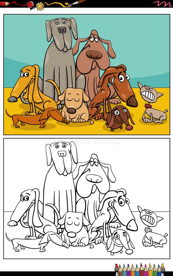 Cartoon Dogs Characters Group Coloring Book Page Stock Vector ...