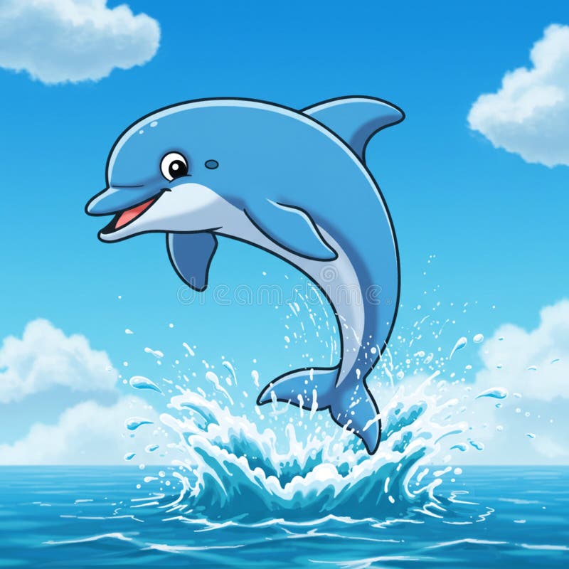 A Cartoon Dolphin Joyfully Leaps Out of the Ocean, Creating a Splash ...