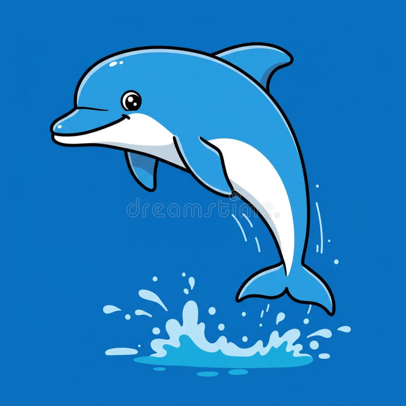 Cartoon Dolphin Leaping Above Water Against a Solid Blue Background ...