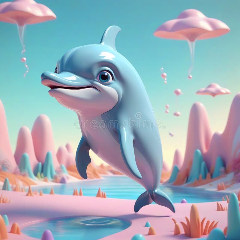 Cartoon Dolphin Leaping Over a Pond in a Pastel-colored Landscape Stock ...