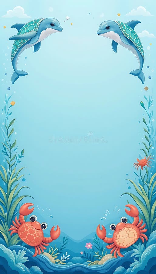 Cartoon Dolphins and Crabs Under the Sea with Empty Space Stock ...