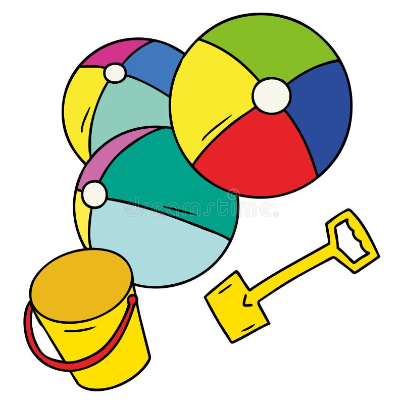 Cartoon Doodle Beach Balls with a Bucket and Spade Stock Vector ...