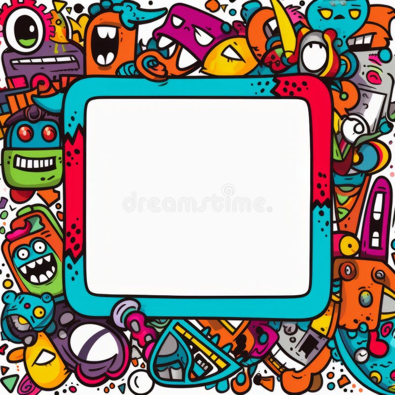 Cartoon Doodle Frame with Colorful Monsters and Other Objects Stock ...