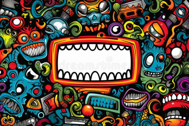 Cartoon Doodle Illustration of an Angry Face with Teeth on a Black ...