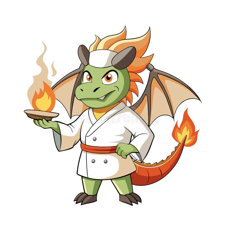 Cartoon Dragon Chef Mascot with Fire on Tail and Burning Dish Stock ...