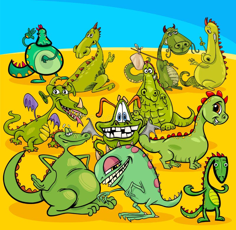 Cartoon Dragons Fantasy Characters Group Stock Vector - Illustration of ...