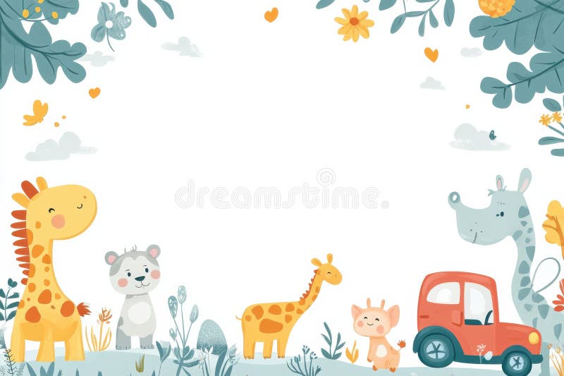 A Cartoon Drawing of Animals and a Car Stock Image - Image of savannah ...