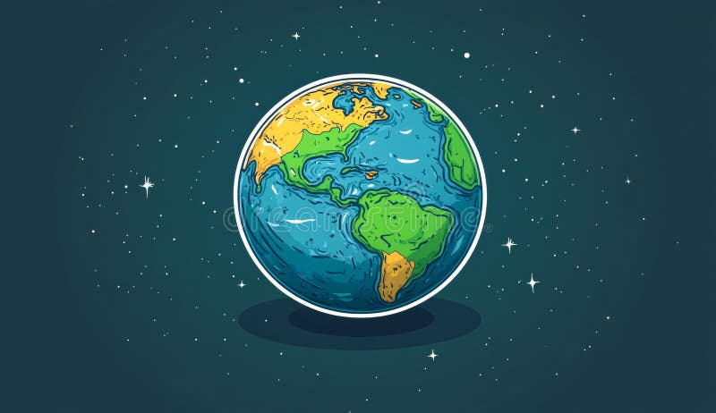 A Cartoon Drawing of the Earth with a Blue Sky and Stars Stock Image ...