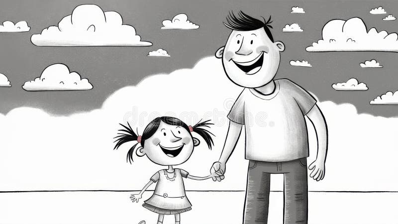 A Cartoon Drawing of a Father and Daughter Holding Hands, AI Stock ...